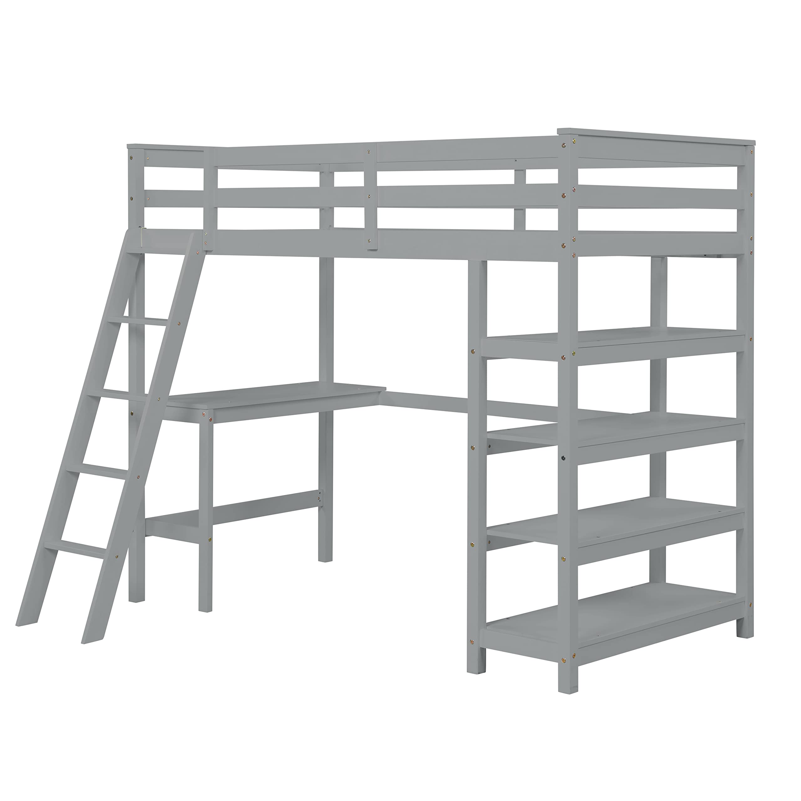 UOCFYK Twin Size Loft Bed with Desk,Solid Wood Loft Bed Frame w/Storage Shelves & Ladder for Kids Teens Bedroom,No Box Spring Needed,Super Save Space, Grey