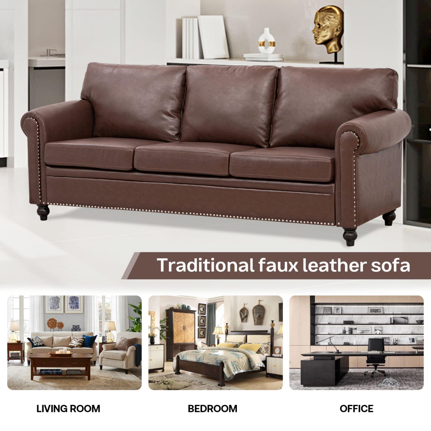 TINGMAMADEHUA Modern Brown Faux Leather Sofa β 3-Seater Couch for Living Room, Comfy Upholstered Design with Tufted Detachable Back Cushions, Traditional Rolled Arms, and Nailhead Trim β Easy Assembly