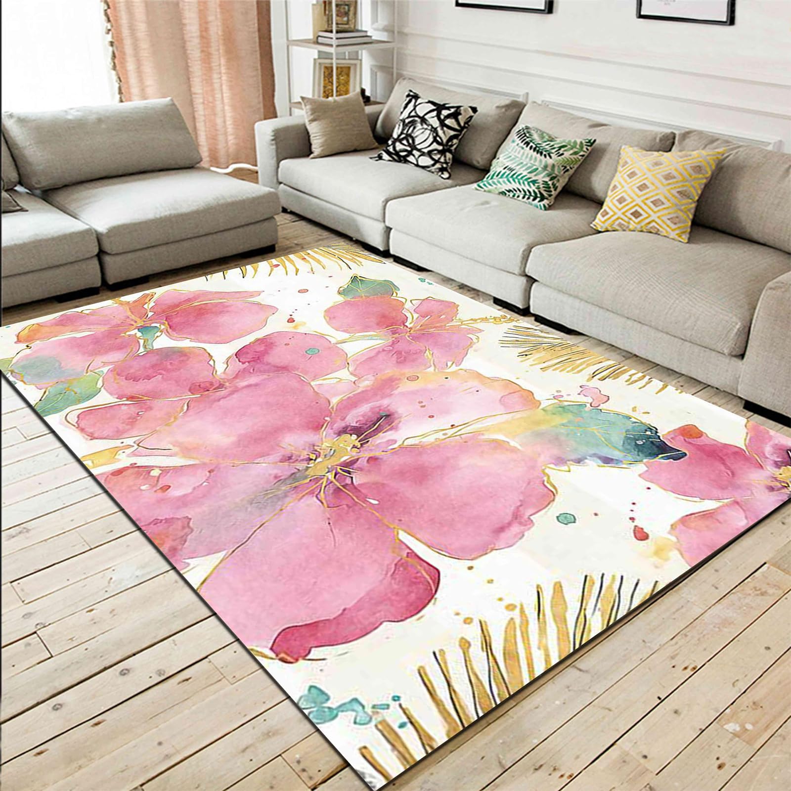 SOJAWA Abstract Marble Floral Area Rug 3x5ft Pink Big Floral Vintage White Background Indoor Easy Clean Home Decoration Rug Non-Slip and Washable for Dormitory Children's Home Kitchen Decorate