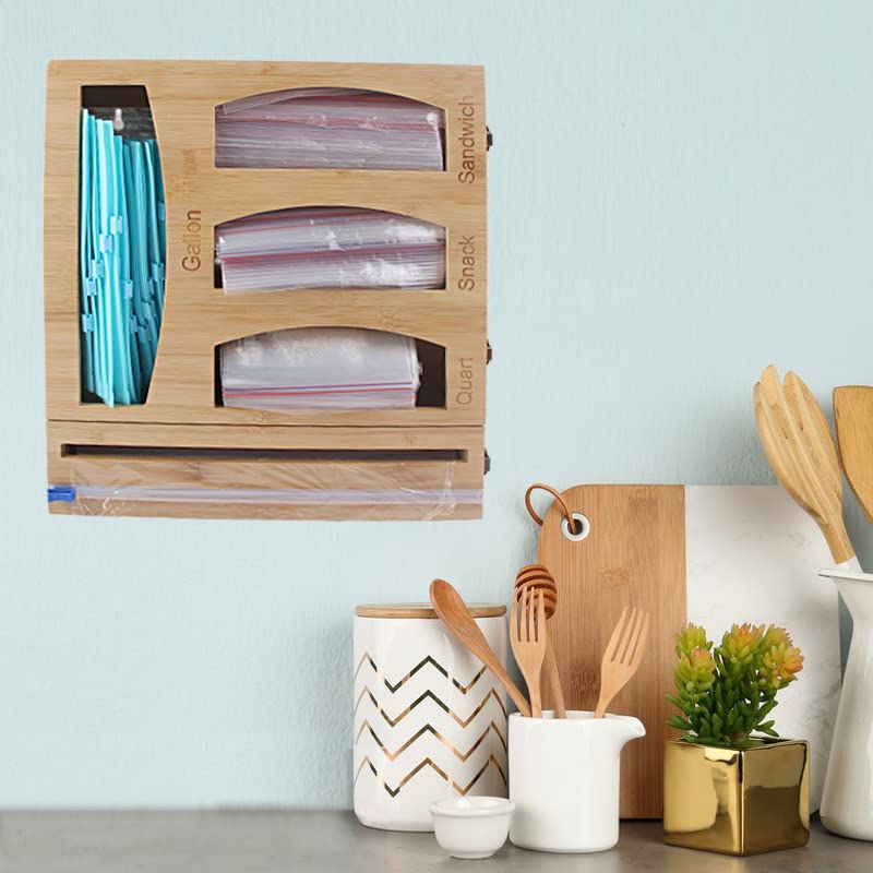 Plastic Bag Storage Organizer Bamboo - 5 in 1 Wrap Dispenser with Cutter, Suitable for Gallon, Quart, Sandwich & Snack Bag, Cling Film, Aluminum Foil etc; Compatible with 12" Kitchen Rolls