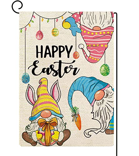 ORTIGIA Easter Gnome Garden Flag Happy Holidays 12x18Inch Burlap Double Sided Colorful Easter Eggs Flag Spring Summer Farmhouse Seasonal Outdoor Flag