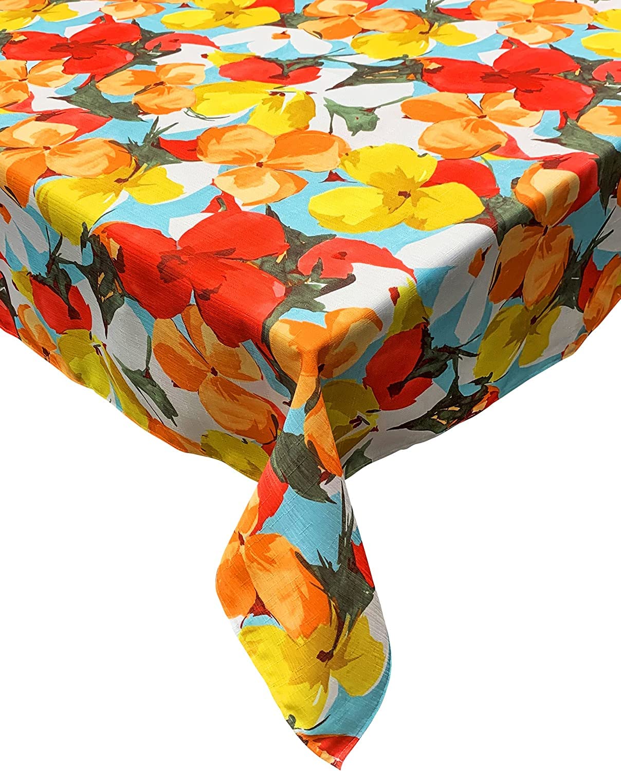 Kovot Floral Tablecloth - 60" x 84" - Washable Water-Resistant Indoor/Outdoor Table Cover for Spring, Summer, and Fall - Vibrant Orange and Yellow Flower Design - Rectangle/Oblong
