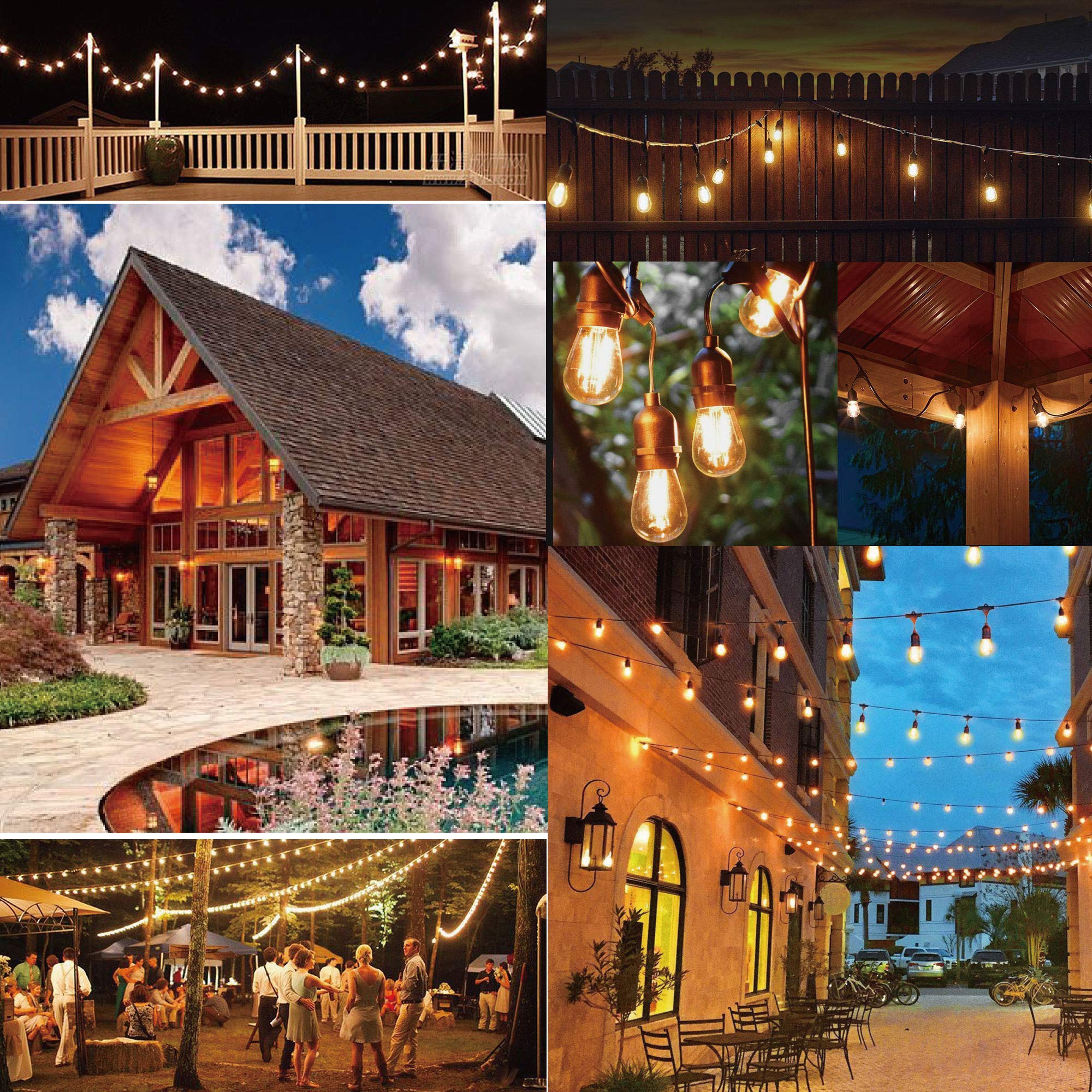 Outdoor String Lights LED 100FT Commercial Grade Heavy Duty with 30 Sockets 32 Shatterproof Include 2 Spare S14 Dimmable Plastic Edison Bulbs For Patio Market Cafe