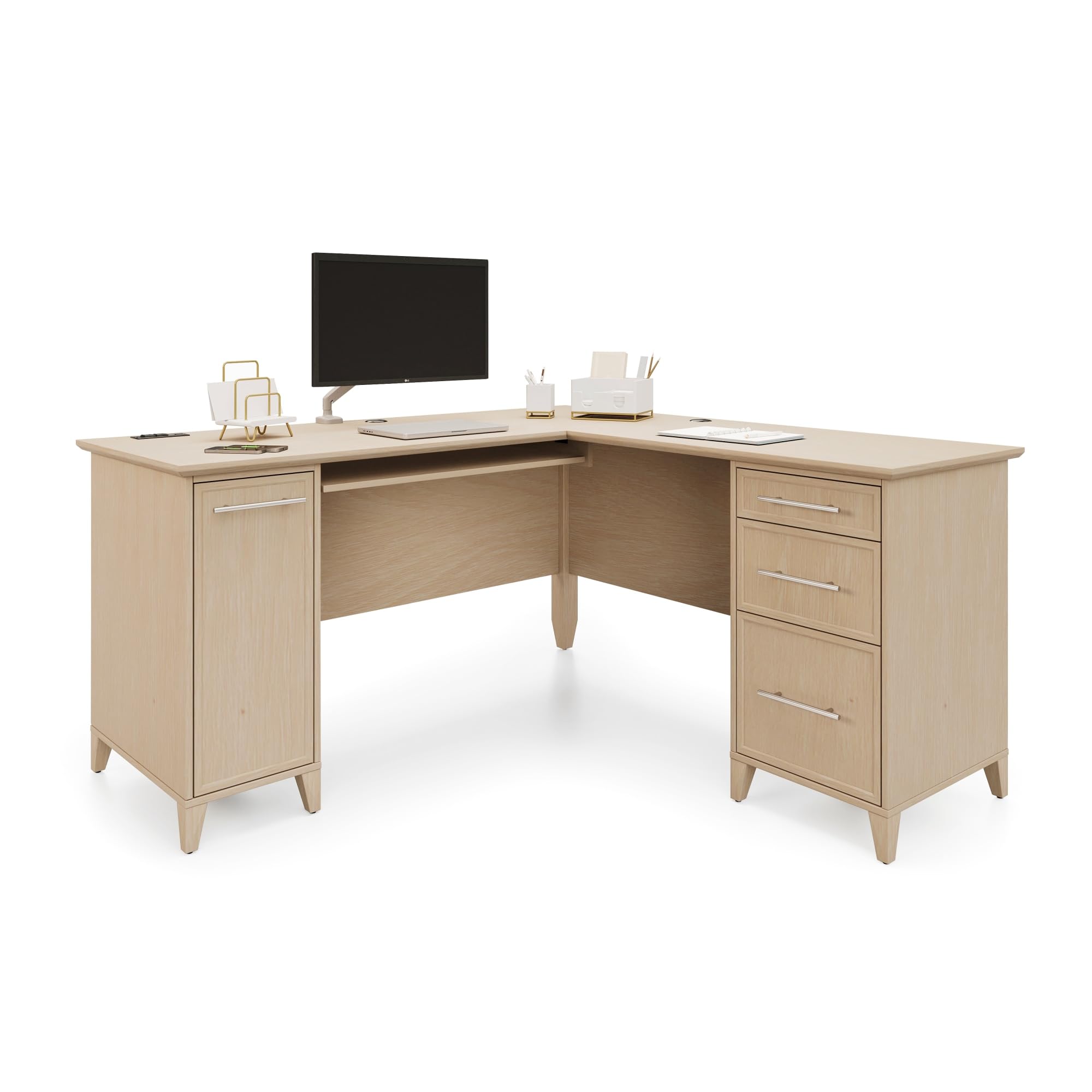 RealspaceĀ® Koru 60"W L-Shaped Corner Computer Desk with Integrated Power & Charging, Natural Oak