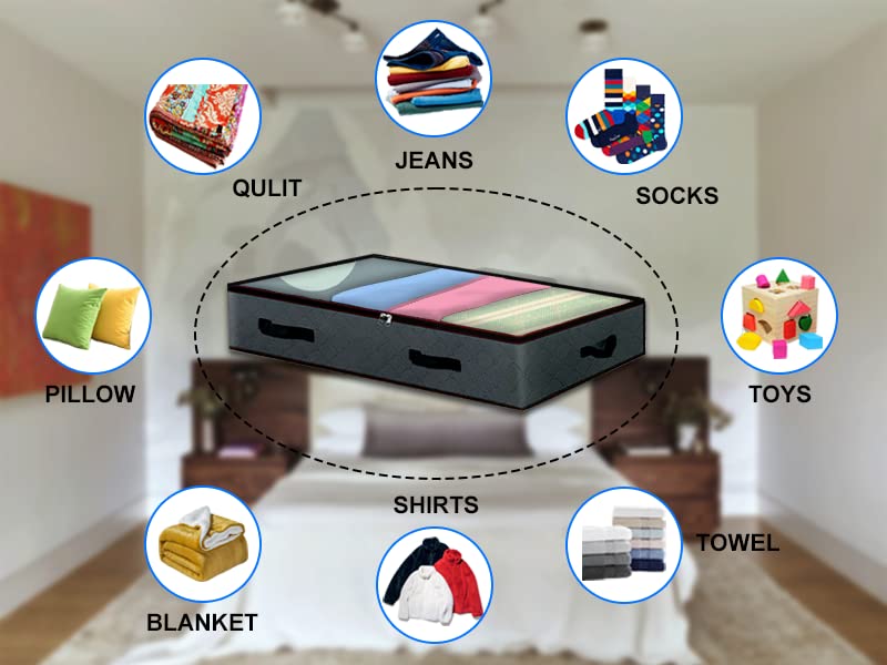 Underbed Storage Bags Organizer, Pack of 6 Foldable Under Bed Storage Containers with Sturdy Zipper Holder, Breathable Storage Bins with 4 Handles and Clear Window for Comforter, Blankets, Clothes and Toys.
