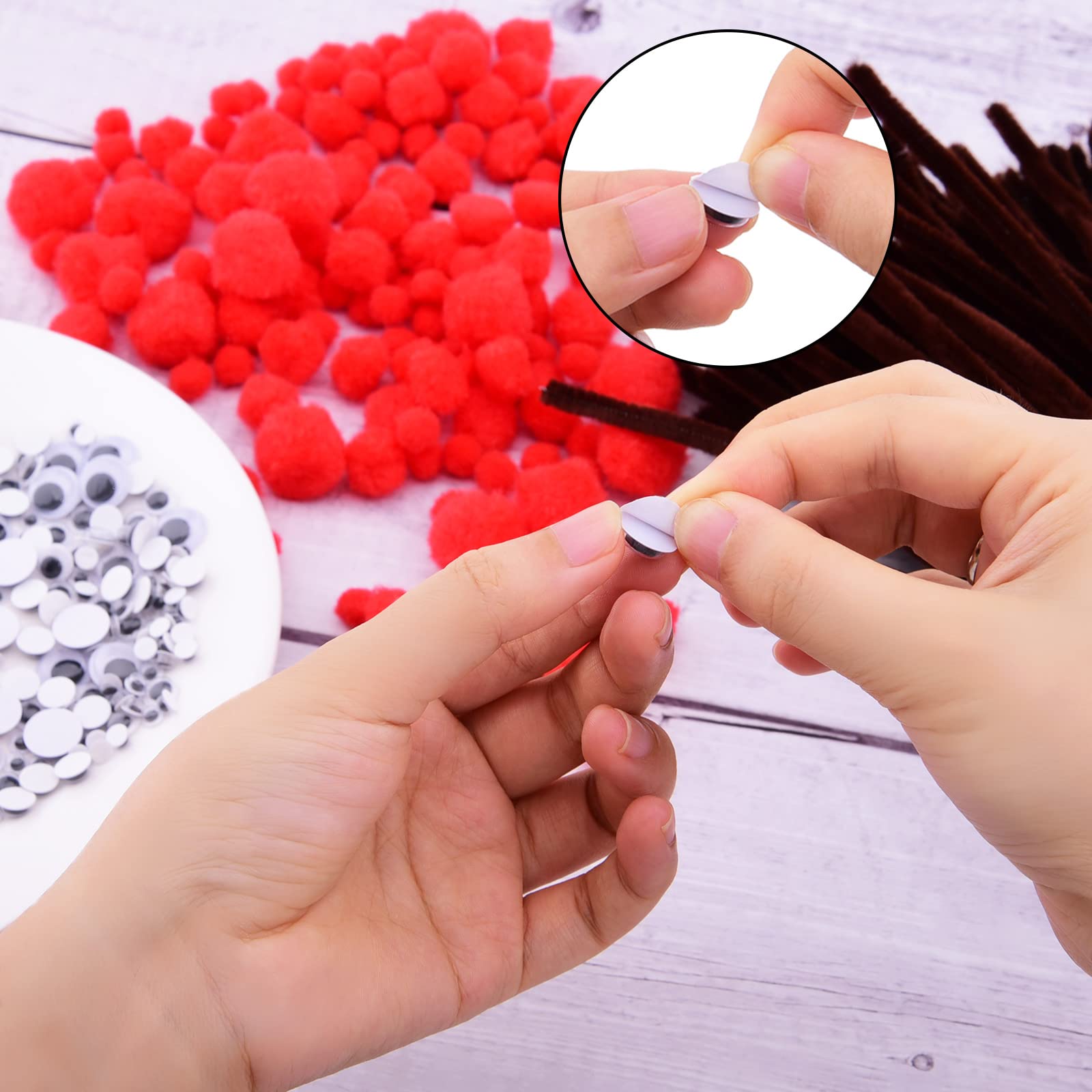 OOQCMM 450 Pieces Christmas Brown Pipe Cleaners Set, Includes 150 Pieces Chenille Stems, 150 Pieces Wiggle Eyes and 150 Pieces Pompoms for Christmas Art Craft