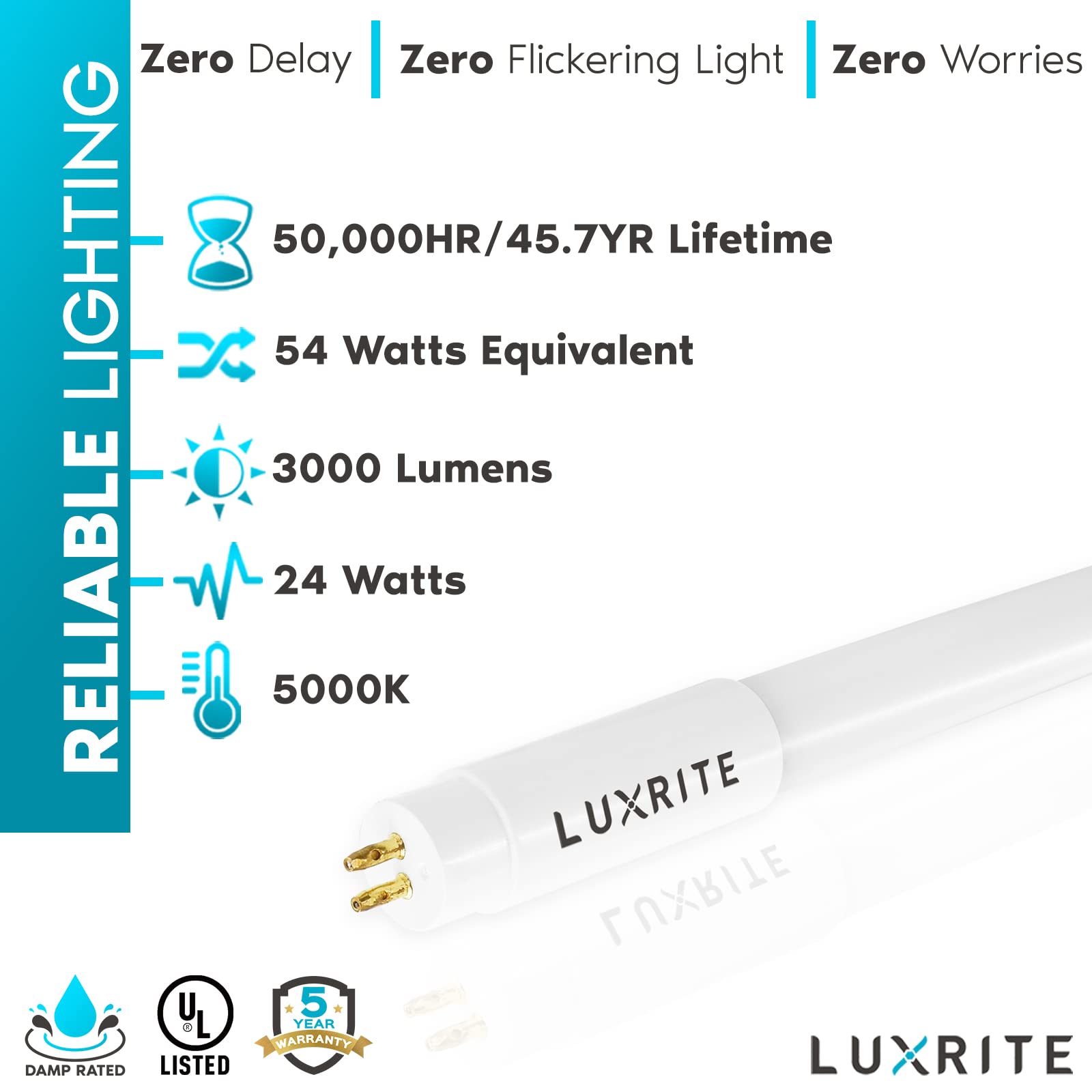 LUXRITE 12-Pack 4FT T5 LED Tube Lights, Type A+B, 24W=54W, 5000K Bright White, 45.78", Ballast and Ballast Bypass Compatible, Single or Double End Powered, F54T5 Fluorescent Replacement, Damp Rated
