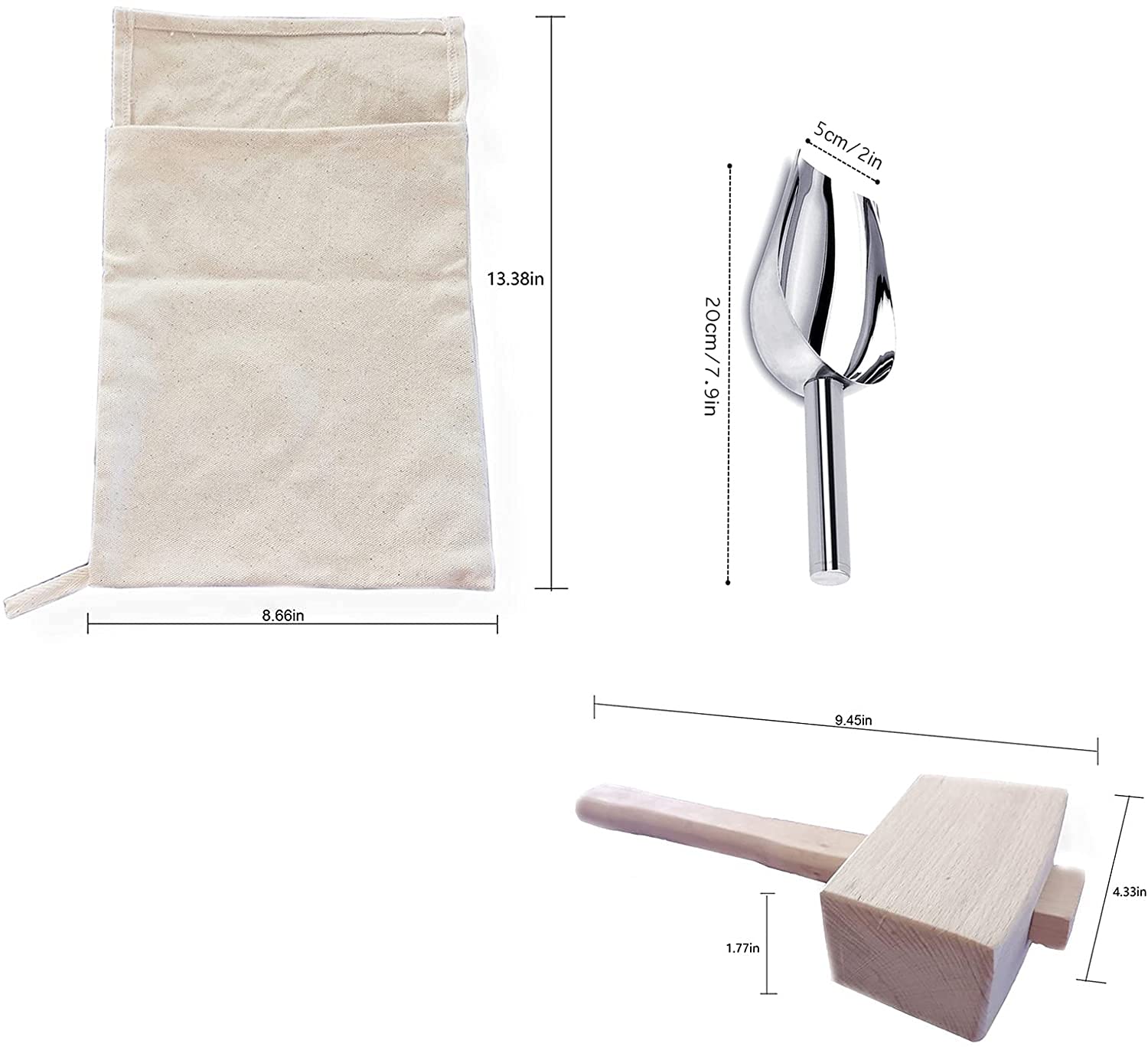 Lewis Bag and Wooden Mallet Crusher, Reusable Canvas Crushed Ice Bags,Wooden Mallet Bar, Steel Ice Scoop, for Summer Bartender Kit & Bar Tools Kitchen Accessory