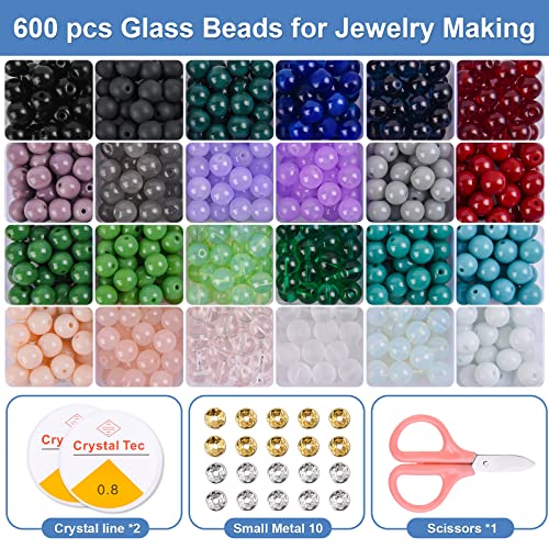 UNIAYSENG 600PCS Round Glass Beads for Jewelry Making, 24 Color DIY Gemstone Crystal Beads Bracelet Making Kit Healing Chakra Beads,8mm Loose Beads Crystal Spacers for Friendship Bracelet