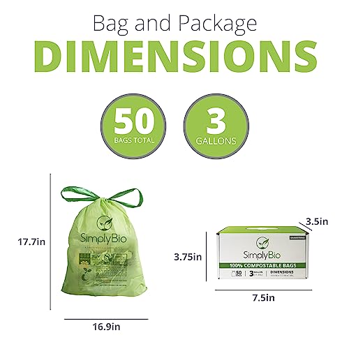 Simply Bio 3 Gallon Compostable Trash Bag with Drawstring, Heavy Duty Extra Thick 1 Mil, 50 Count, 11.36 Liter, Small Kitchen Food Scrap Trash Bags, ASTM D6400, US BPI and Europe OK Compost Certified