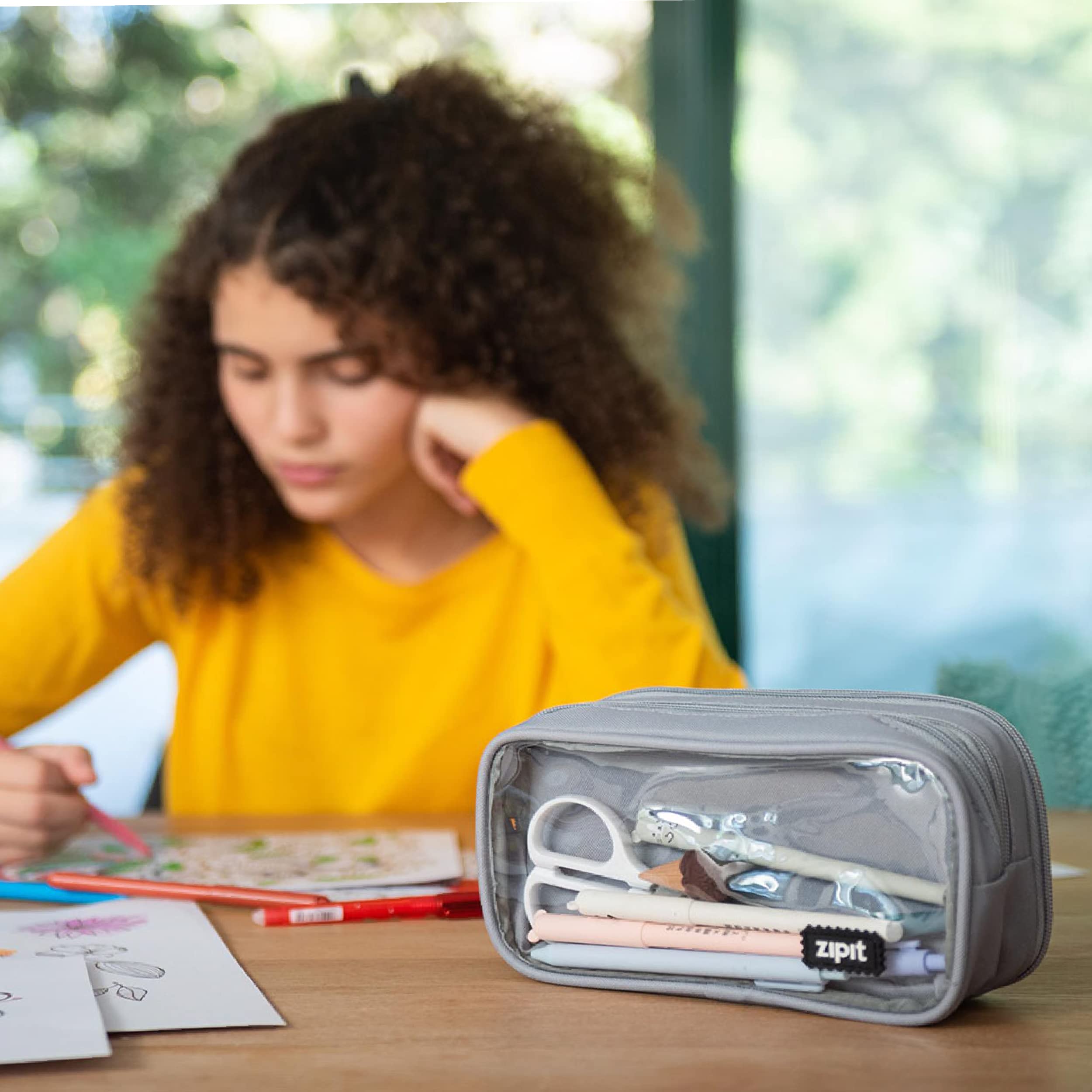 ZIPIT Half & Half Pencil Case | Large Capacity Pencil Pouch | Pencil Bag for School, College and Office (Grey)