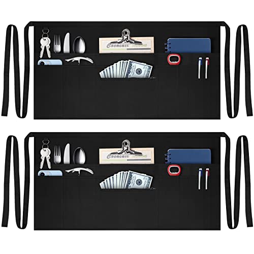 NLUS Server Aprons with 8 Pockets, Water Oil Stain Resistant Waitress Waiter Waist Aprons Poly/Cotton Bistro Apron for Women Men, 24 X 12 inch - 2 Pack