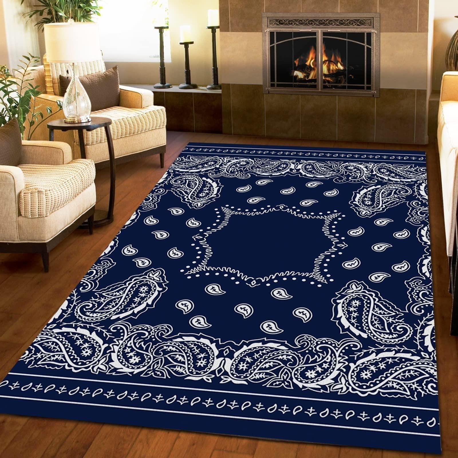 Vintage Bohemian Blue Bandana Area Rug, Abstract Paisley Floral Pattern Large Rugs, with Anti-Slip Easy Clean Carpet for Living Room Bedroom Kitchen Dining Room Home Office Floor Rug-3x4ft