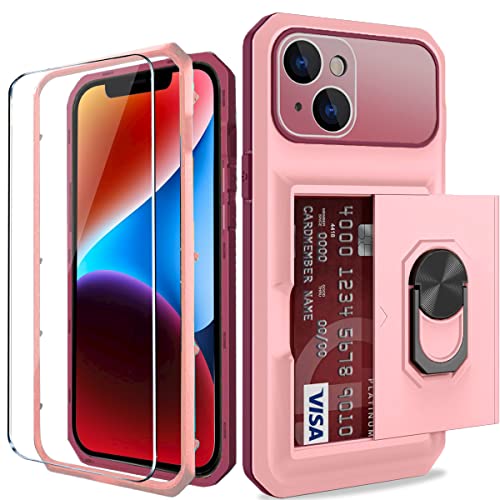 WATEFULL for iPhone 14 Case Wallet Card Holder with Kickstand Ring, iPhone 14 Case Cover 6.1” with Sliding Card Slot Hybrid Shockproof Bumper [Integrated Camera Cover] with 1 Screen Protector (Pink)