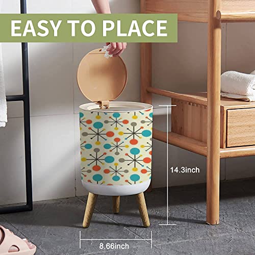 Small Trash Can with Lid Mid century fifties modern atomic retro colors seamless Part of Wood Legs Press Cover Garbage Bin Round Simple Human Waste Bin Wastebasket for Kitchen Bathroom Office