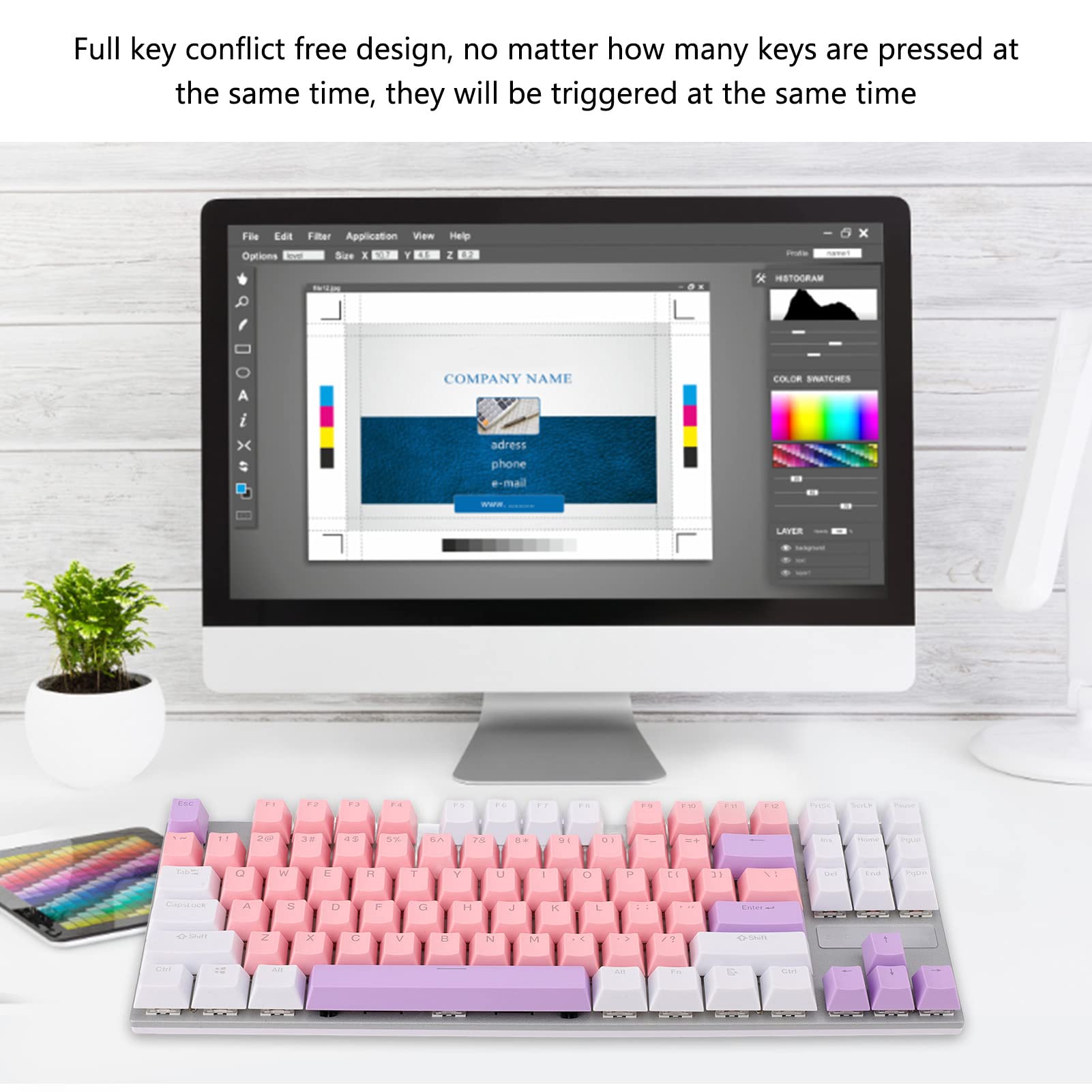 Septpenta Red Switch Mechanical Keyboard, 26 RGB Lighting Effects, Conflict Free Design, Splash Proof Drainage Holes, 87 Key Ergonomic Gaming Keyboard(Pink, White and Purple)
