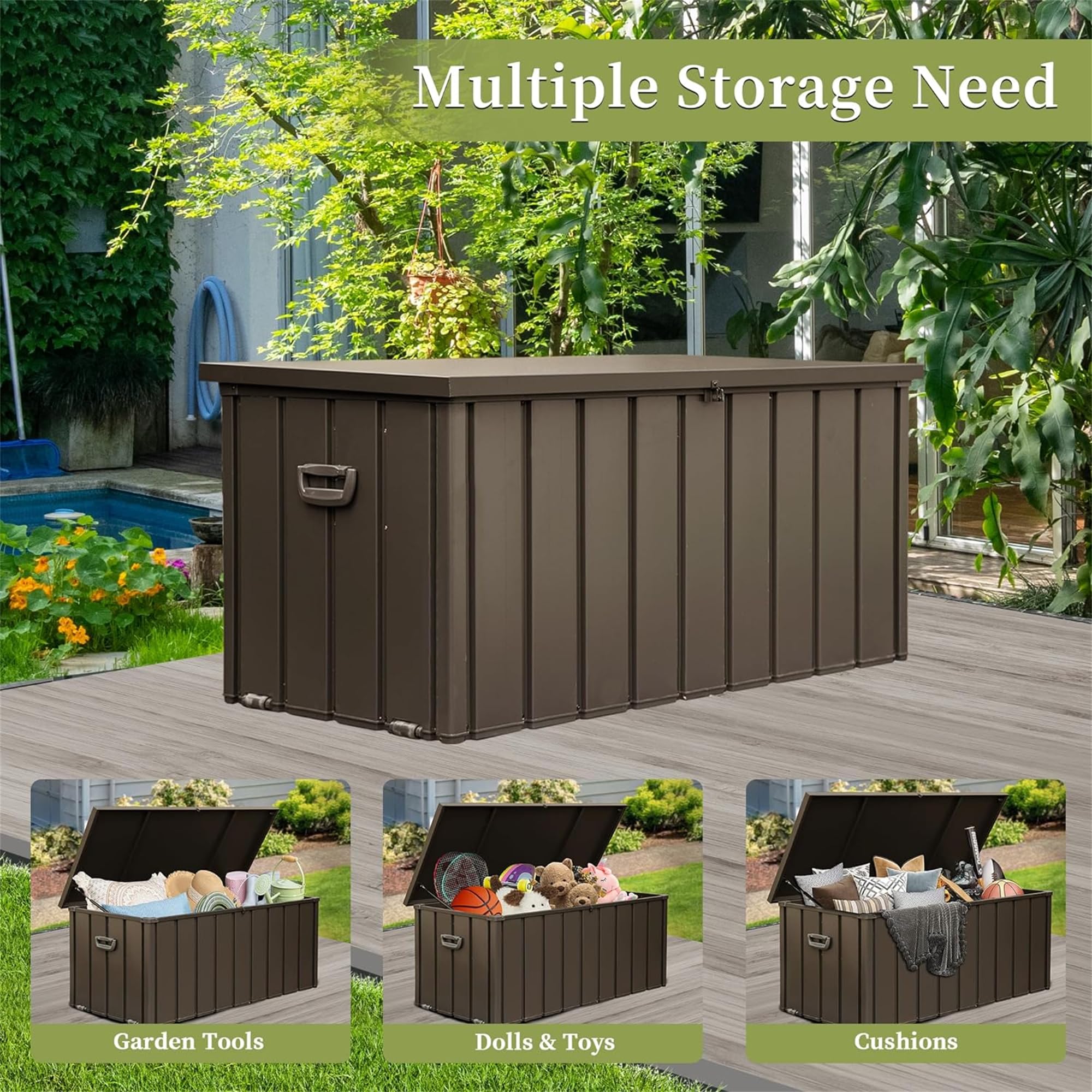 SEALAMB 160 Gallon Metal Outdoor Storage Deck Box, Waterproof Deck Box with Side Handle & Mobility Rollers, Indoor Storage Bin for Organizing Patio Furniture Cushions, Garden Pool Tools, Lockable