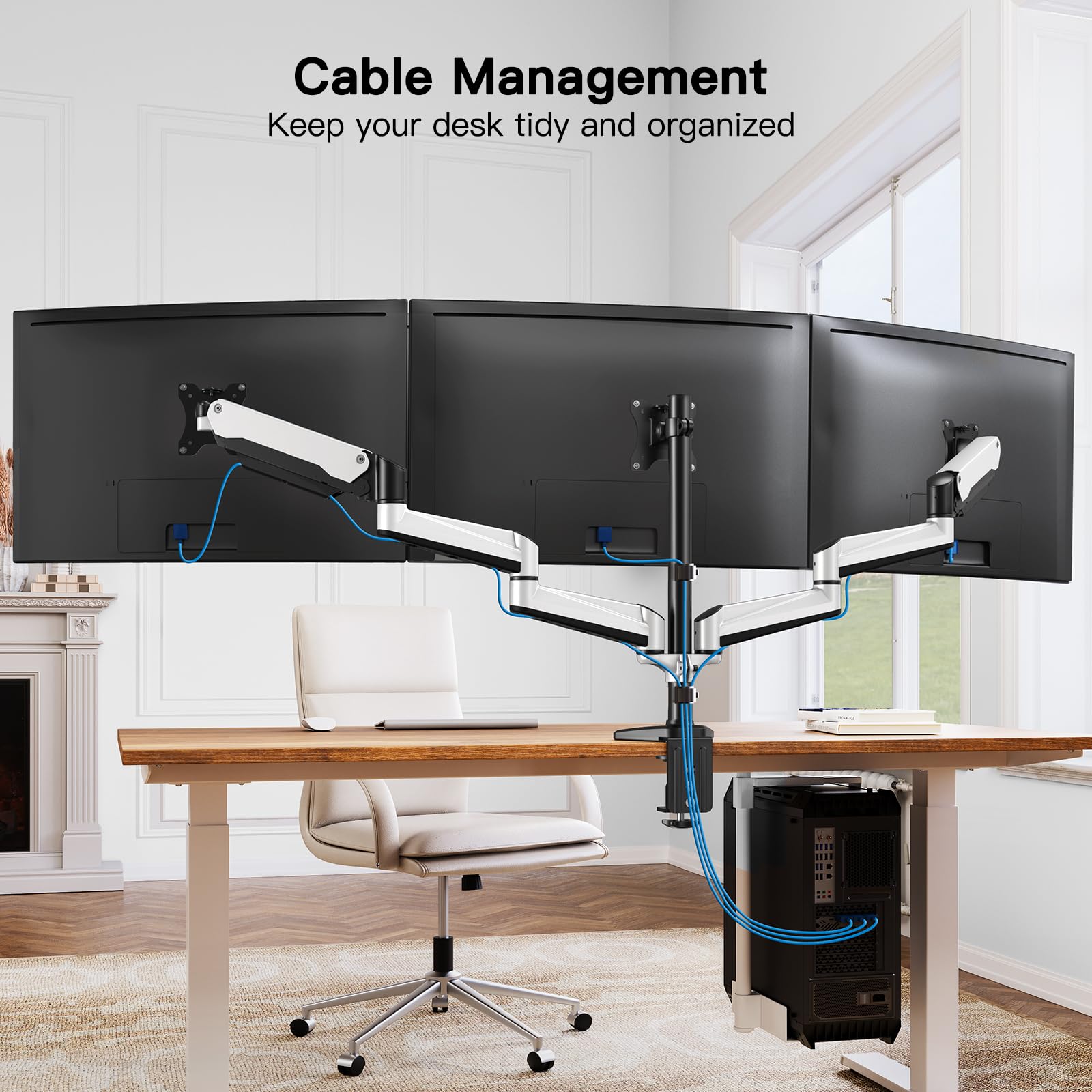 HUANUO Triple Monitor Stand - Full Motion Articulating Gas Spring Monitor Mount Fit Three 17 to 32 inch LCD Computer Screens with Clamp, Grommet Kit