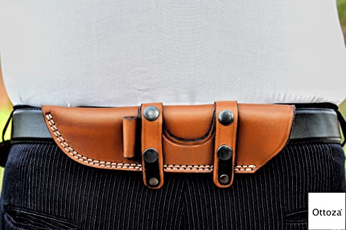 Ottoza Handmade Leather Knife Sheath RIGHT HAND Bushcraft Knife Sheath - Hunting Knife Sheath - Survival Knife Sheath - Fixed Blade Knife Sheath Horizontal Carry Dark Brown TOP GRAIN LEATHER No:44