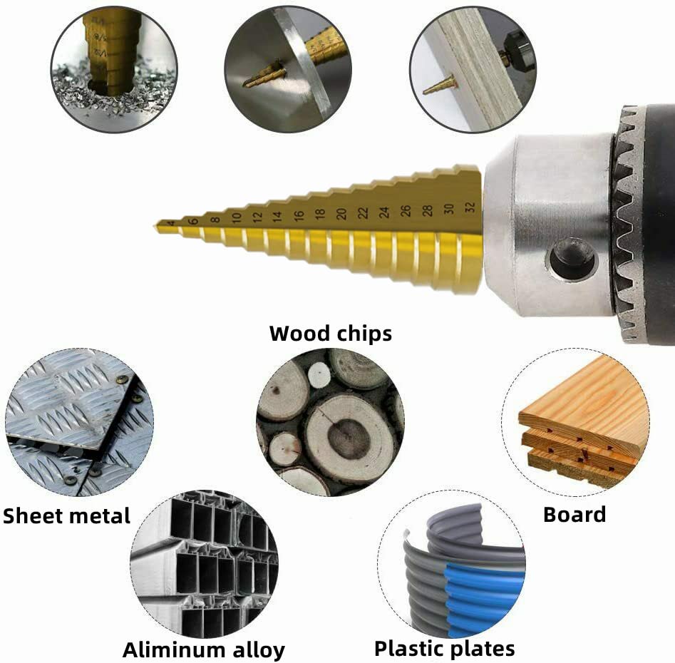 OPPSIUE Step Drill Bit Set, 6PCS HSS High Speed Steel for Stainless Steel, Metal, Wood, PlasticDrilling 4-32MM / 4-20 MM / 4-12MM / 6MM / 8MM / 3MM