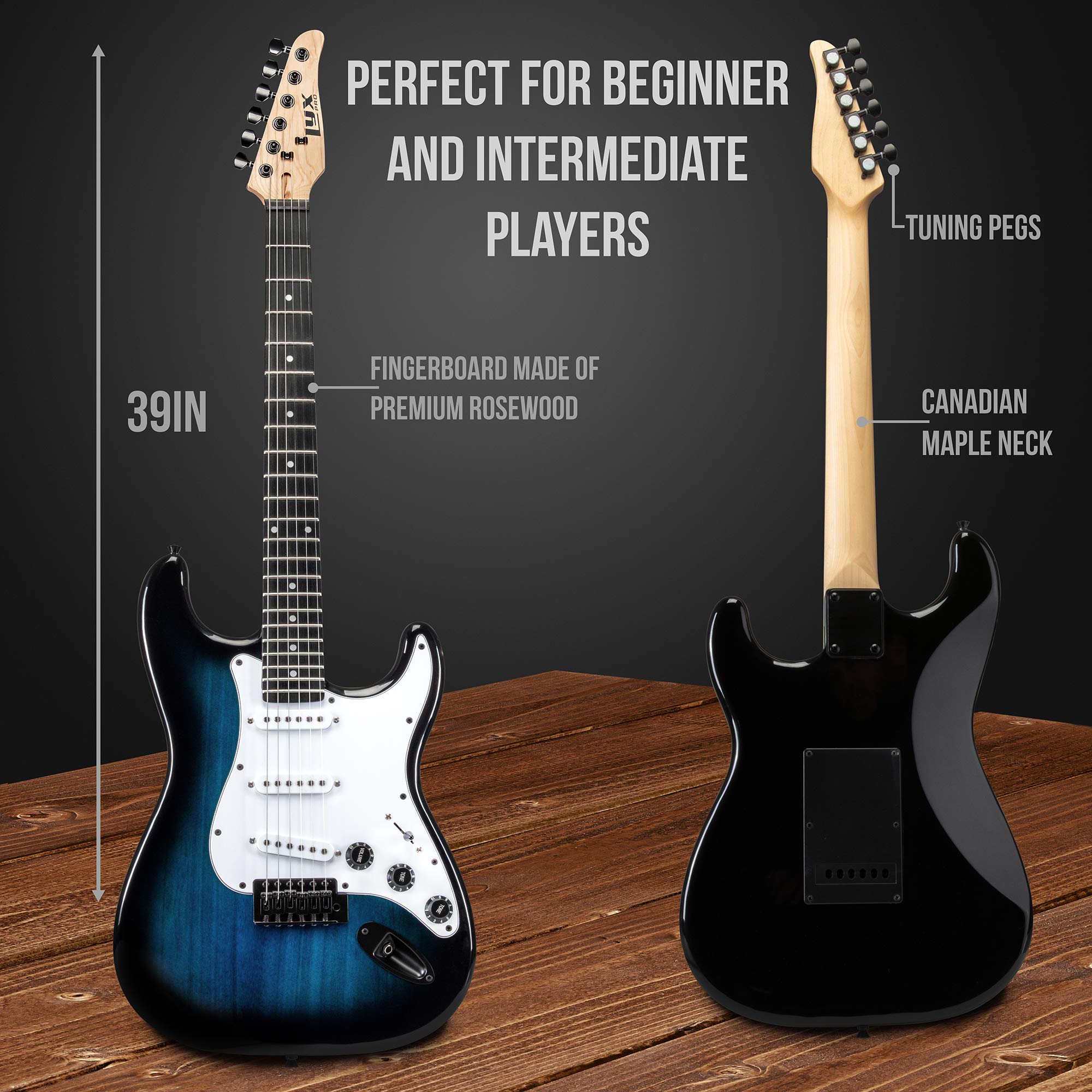 LyxPro CS 39” Electric Guitar Kit for Beginner, Intermediate & Pro Players with Guitar, Amp Cable, 6 Picks & Learner’s Guide | Solid Wood Body, Volume/Tone Controls, 5-Way Pickup - Blue