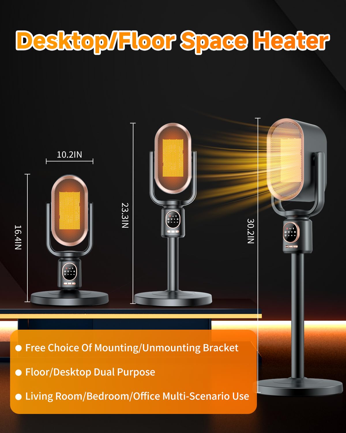 Space Heaters for Indoor Use, 30" Electric 1500W PTC Heater with Night Light Oscillation,Remote Control 3 Mode & 8H Overheat Tip-Over Protection Adjustable Height Ceramic Heater for Bedroom Office Use