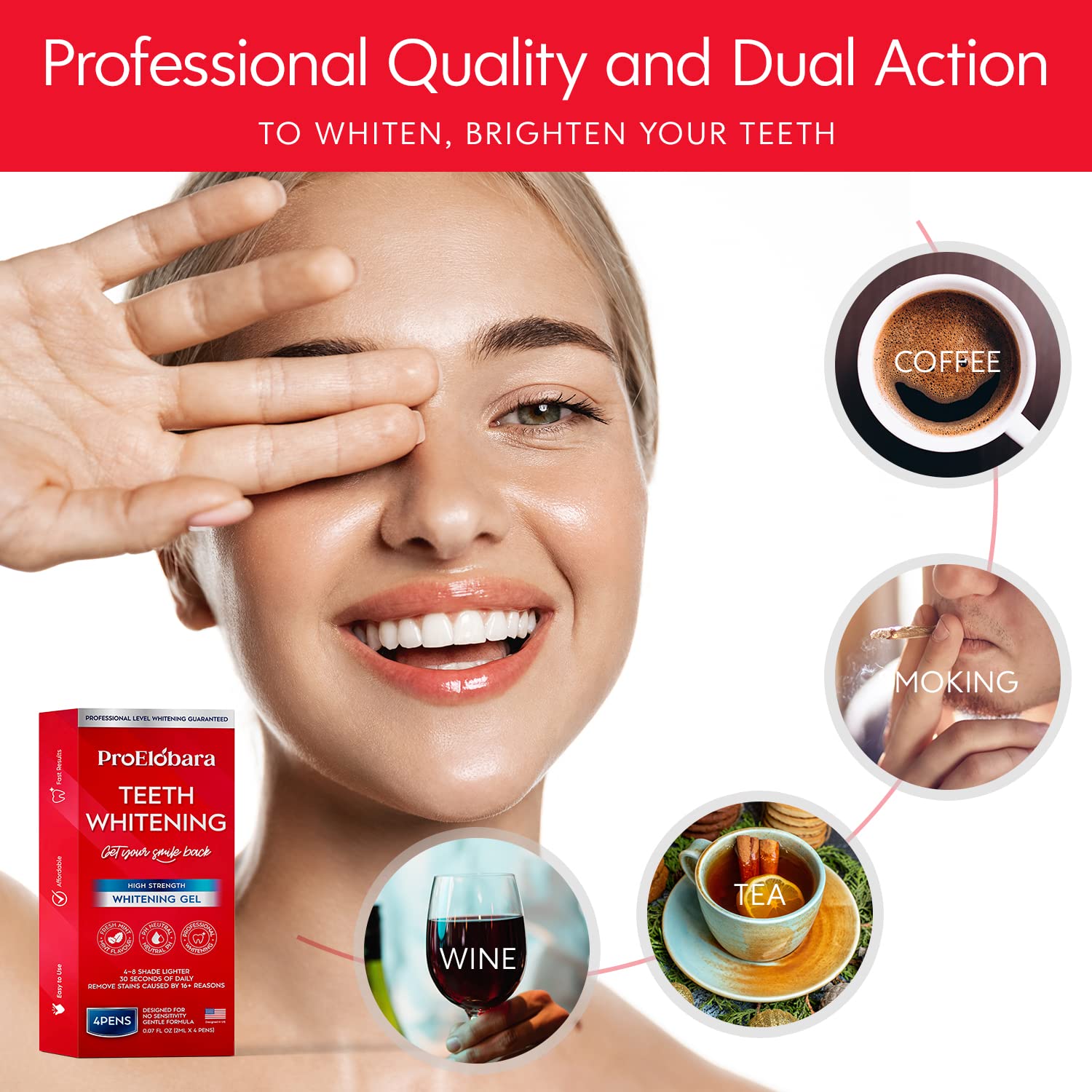 ProElobara Teeth Whitening Pen, Teeth Stain Remover Treatment with Power Tooth Whitening Gel - No Sensitivity, Brighter Smile, Painless, Effective, Mint Flavor - 4 Pens