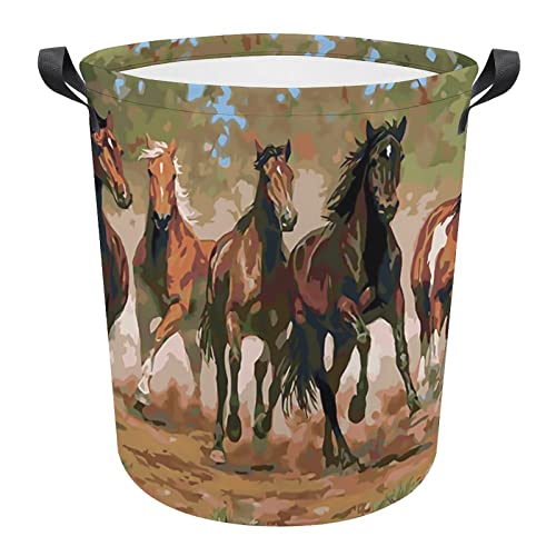 Watercolor Horses Large Laundry Basket Hamper Bag Washing with Handles for College Dorm Portable