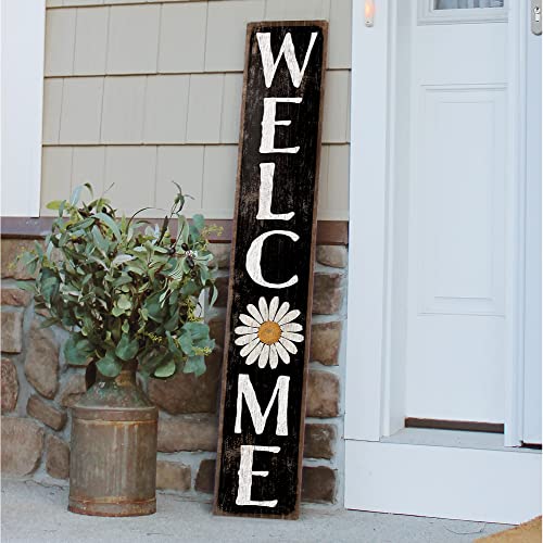 My Word! Welcome Black W/Daisy Porch Board Welcome Sign and Porch Leaner for Front Door Porch Deck Patio or Wall - Indoor Outdoor Spring Farmhouse Rustic Vertical Porch and Yard Decor - 8"x46.5"