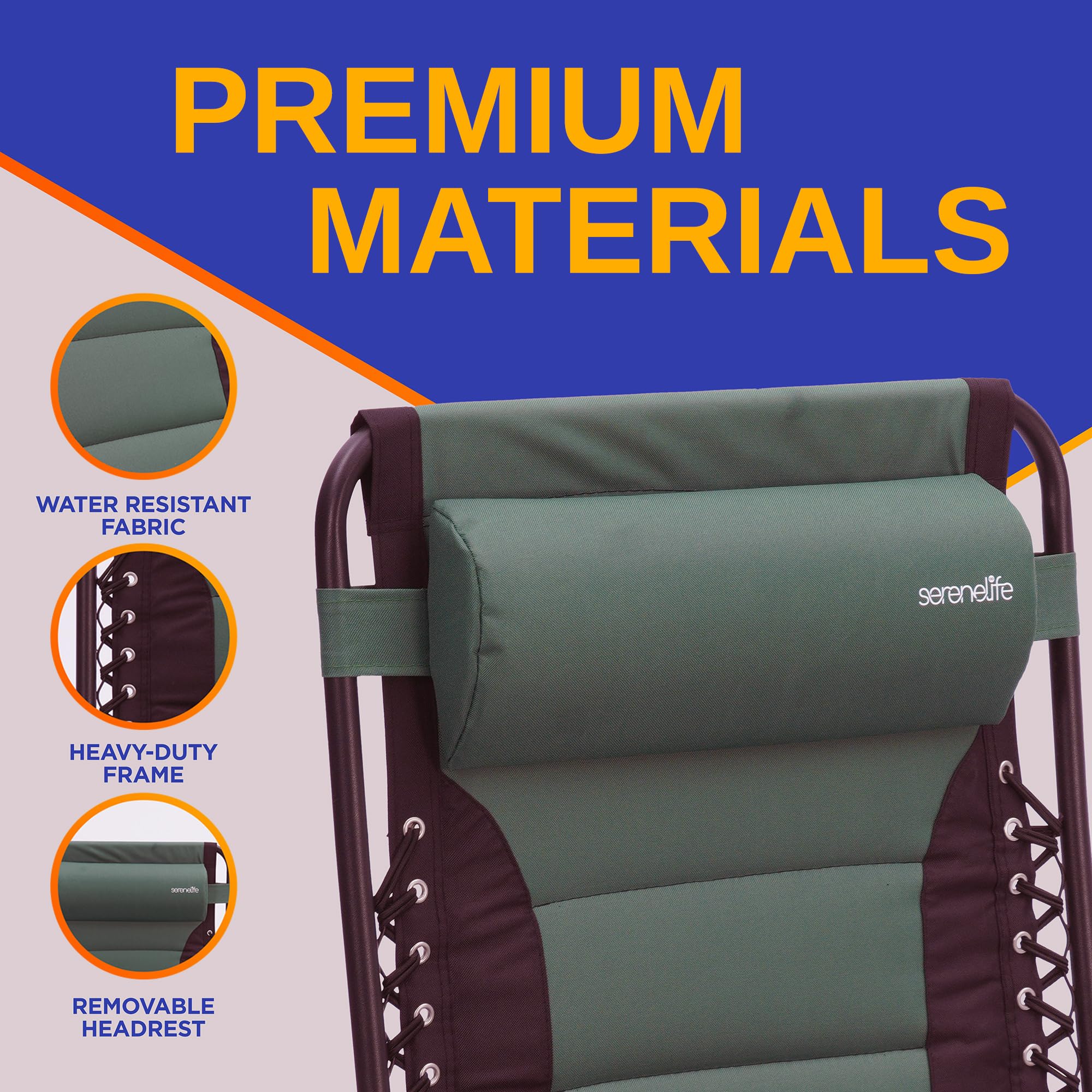 SereneLife SL1ZGRCP36.5 Outdoor Foldable Padded Zero Gravity Lawn Chair-Adjustable Recliners with Plastic Cup Holder Side Table and Pillow (Green and Black)