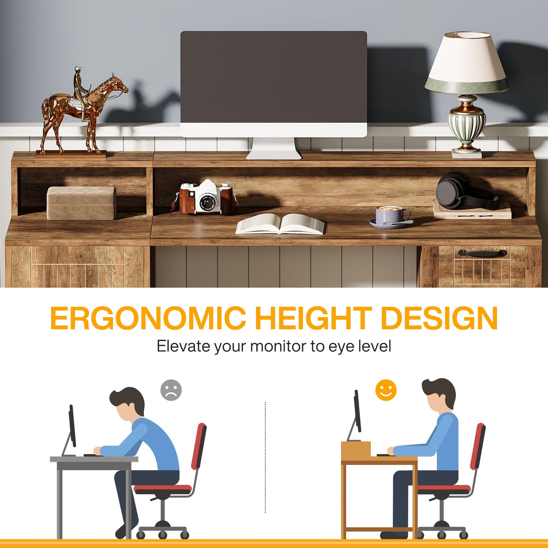 Tribesigns 55" Wood Executive Desk, Farmhouse Computer Desk with Drawers and Cabinet, Rustic Office Desk with Hutch and Storage Shelves, Large Study Writing Table for Home Office, Brown