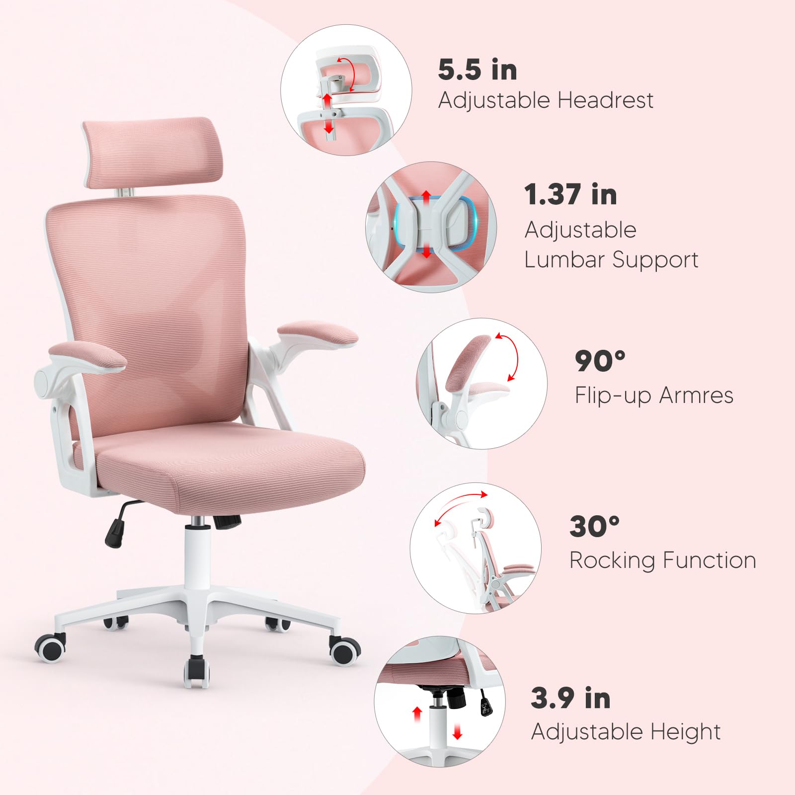 SEATZONE Ergonomic Office Chair Mesh Back Support Desk Chairs with Wheels and Flip-up Arms, Comfortable Computer Chair Lumbar Support for Teens and Adults, Dusty Pink