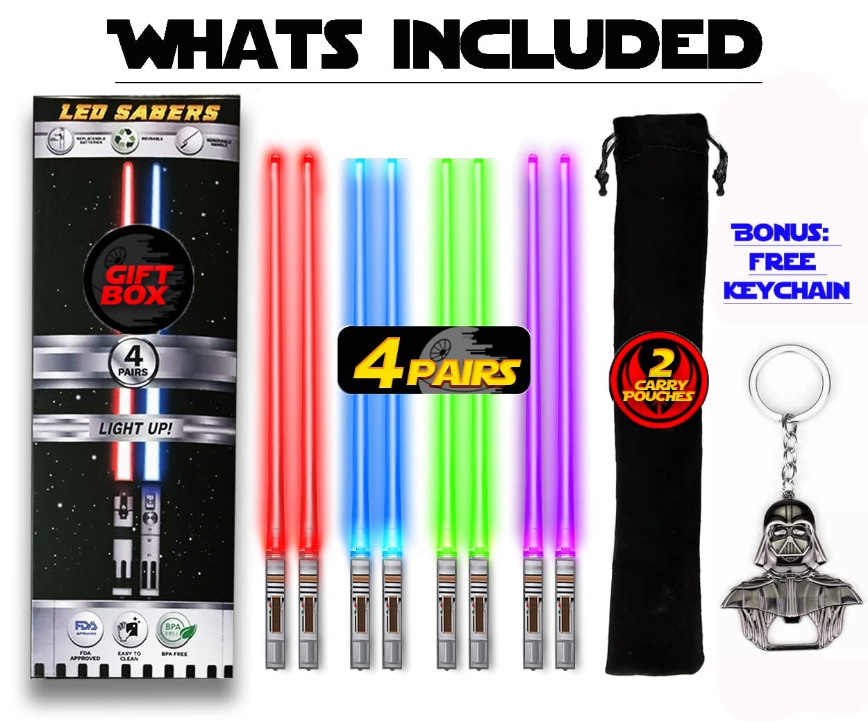 Lightsaber Chopsticks Light Up Star Wars LED Reusable Red Blue Green Purple 4 PAIRS FREE Darth Vader Keychain Bottle Opener