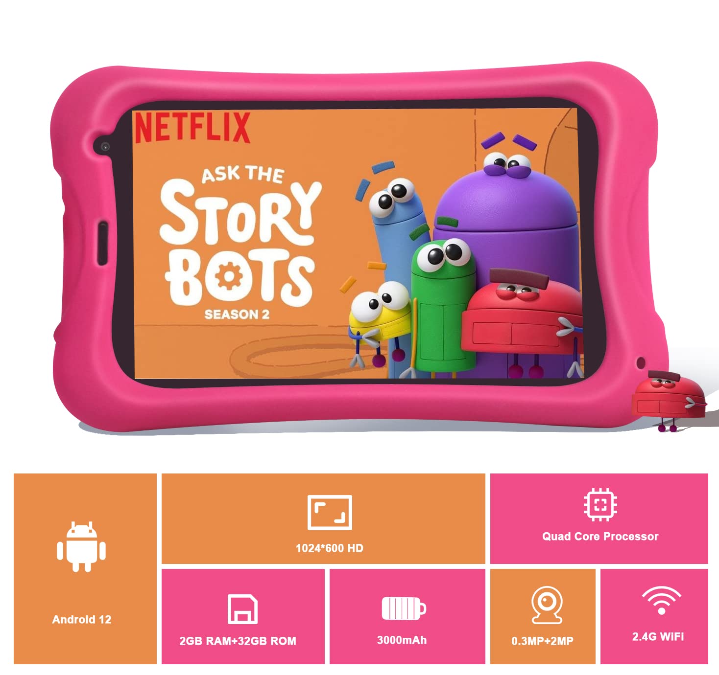NOBKLEN Kids Tablet 7 Inch Tablet - 2GB RAM and 32GB Storage, 3000mAh Battery, Dual Cameras, and Parental Controls