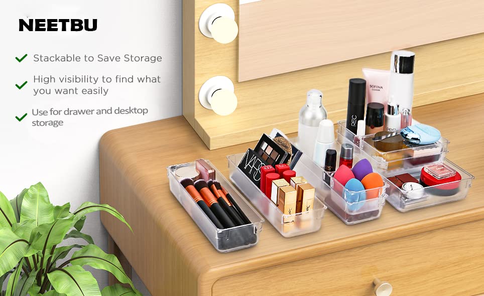 NEETBU 8 Pack Clear Plastic Drawer Organizer Kitchen Bathroom Storage Box Tray For Makeup Flatware Utensils Silverware Office Supplies(9.6”x3.2”x1.9”)