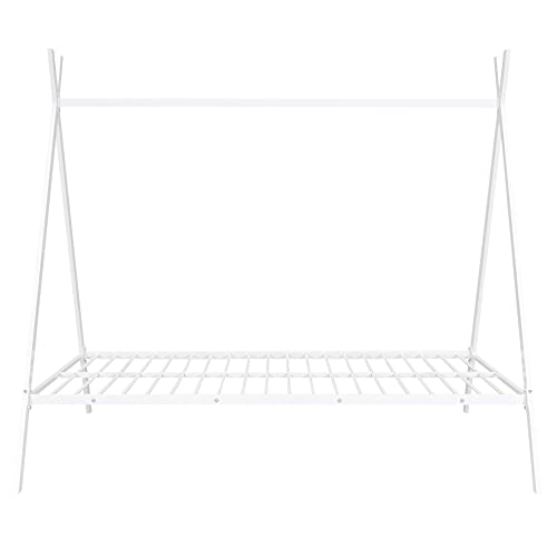 TARTOP Full Size House Bed, Tent Metal Bed Frame, Floor Play House Bed with Slat for Kids, Girls, Boys, No Box Spring Needed, White