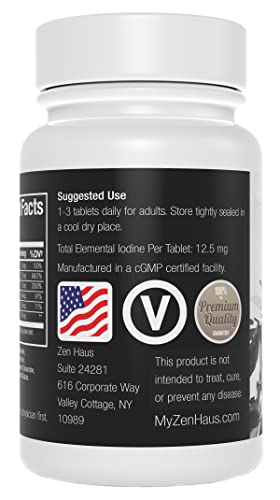 Zen Haus Iodine Supplement 12.5 mg with Selenium (as Selenomethionine) and More - 200 Tablets - Thyroid Plus Immune Support - High Potency Iodine Tablets - Compare to Lugol's Iodine Pills
