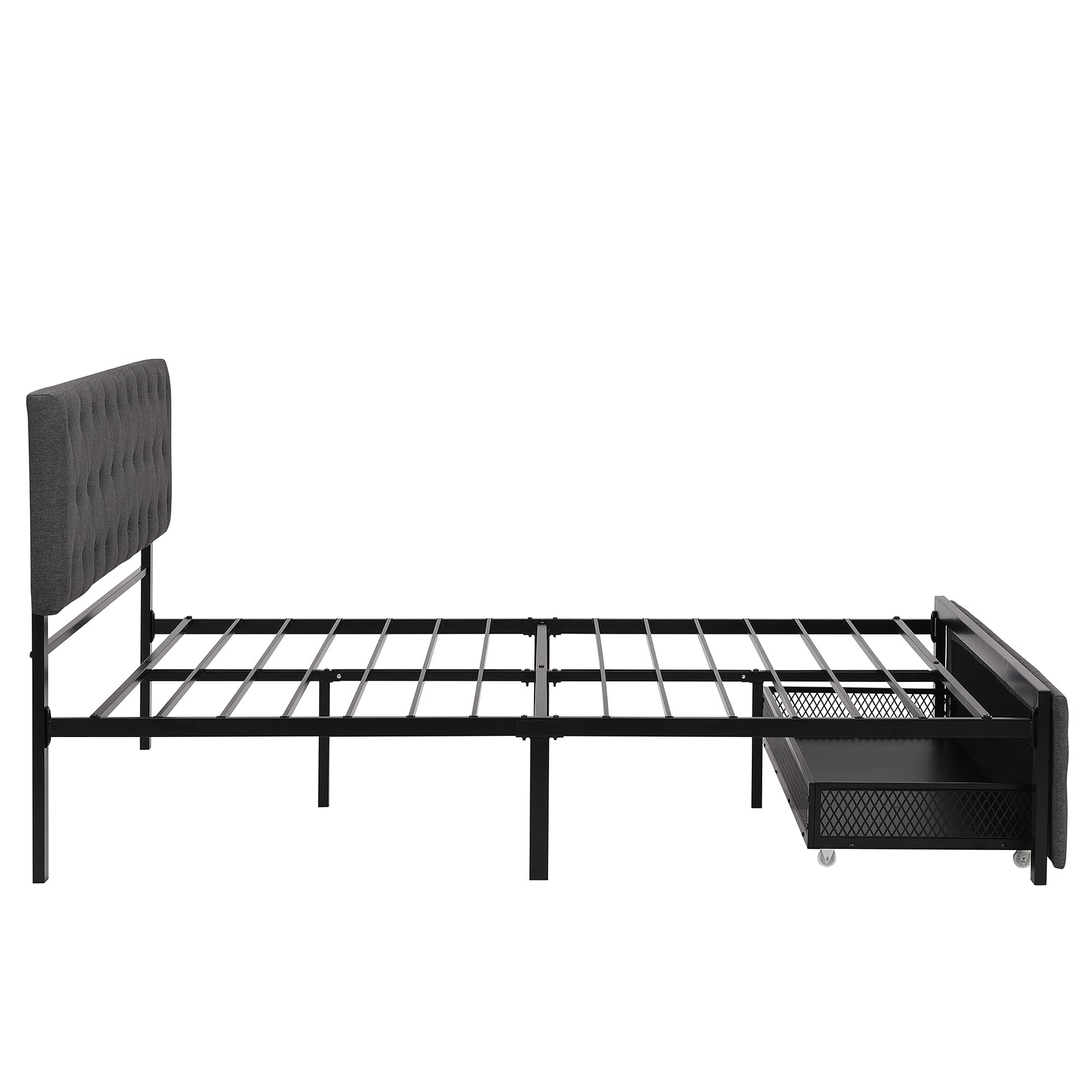 TARTOP Queen Size Upholstered Platform Bed with Storage Drawer, Metal Queen Bed Frame with Headboard,No Box Spring Required,Gray