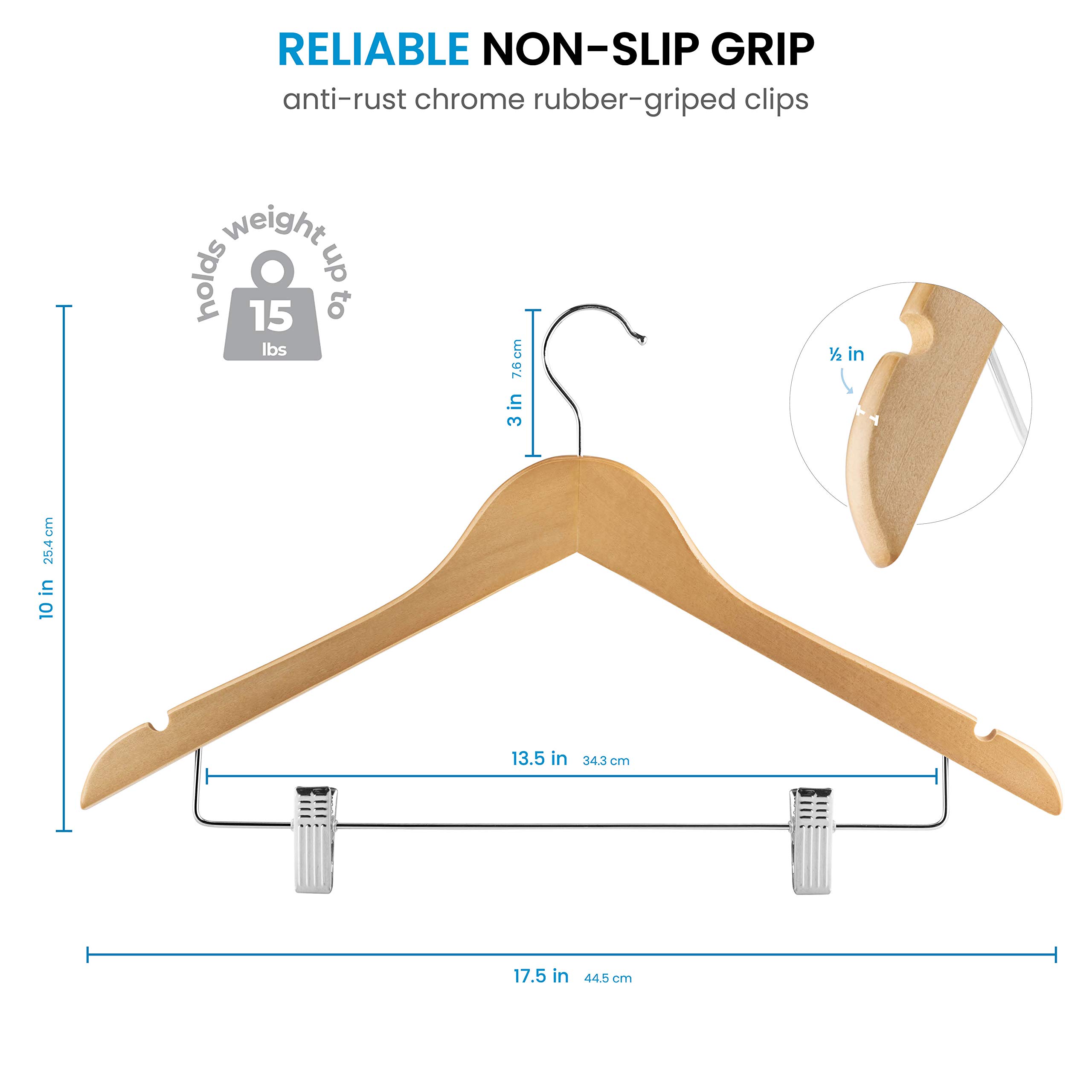 ZOBER High-Grade Wooden Suit Hangers (10 Pack) with Durable Adjustable Metal Clips, 360° Swivel Hook, Shoulder Notches for Dress Coat, Blouse, Jacket
