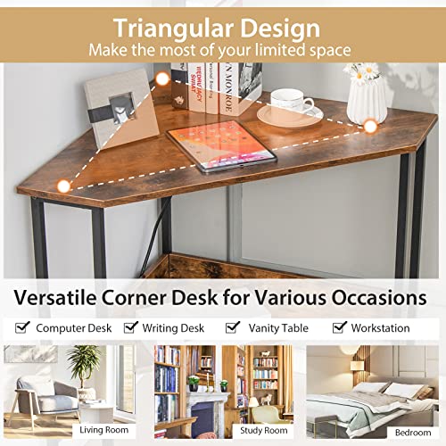 Tangkula Corner Desk with Power Outlet & USB Ports, Triangle Computer Desk with Charging Station, Storage Shelf, Space Saving Writing Desk, Vanity Table, Corner Desk for Small Space (Rustic Brown)