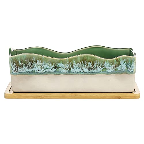 MyGift Rectangular Succulent Planter - Decorative Beige and Green Ceramic Glazed Plant Container Pot with Removable Bamboo Tray