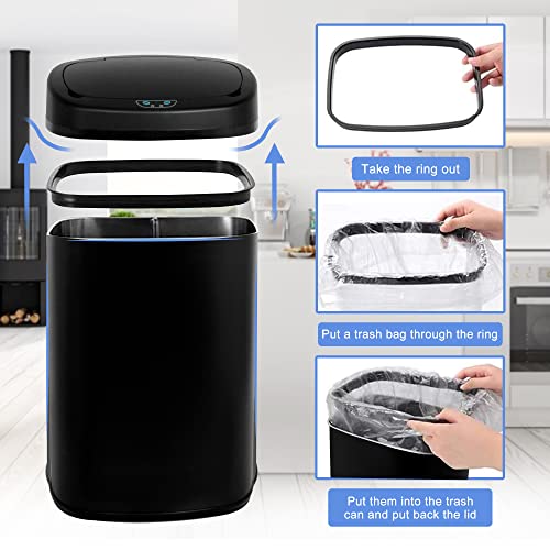 Trash Can 13 Gallon Trash Can Kitchen Automatic, Motion Sensor & Touch-Free, Brushed Stainless Steel Trash Can with Lid, Mute Designed, High-Capacity Touchless Garbage Can Waste Bin for Home Office