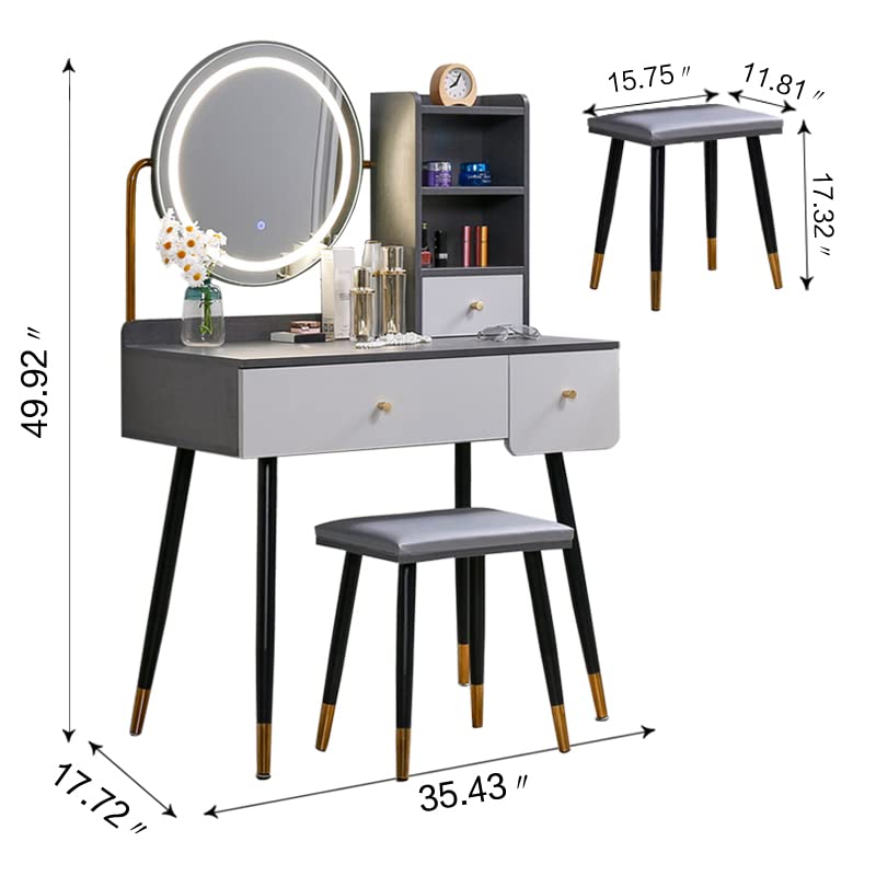Redsun Vanity Table Set with 3 Color Touch Screen Dimming Mirror,Makeup Dressing Table with 3 Sliding Drawers and Cushioned Stool,Dresser Desk for Women/Girls (Silver Gray, 15.7Wx35.4L)…