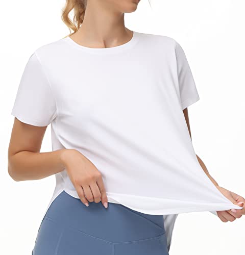 THE GYM PEOPLE Women's Workout T-Shirts Loose Fit Short Sleeve Cotton Running Basic Tee Tops with Split Hem White