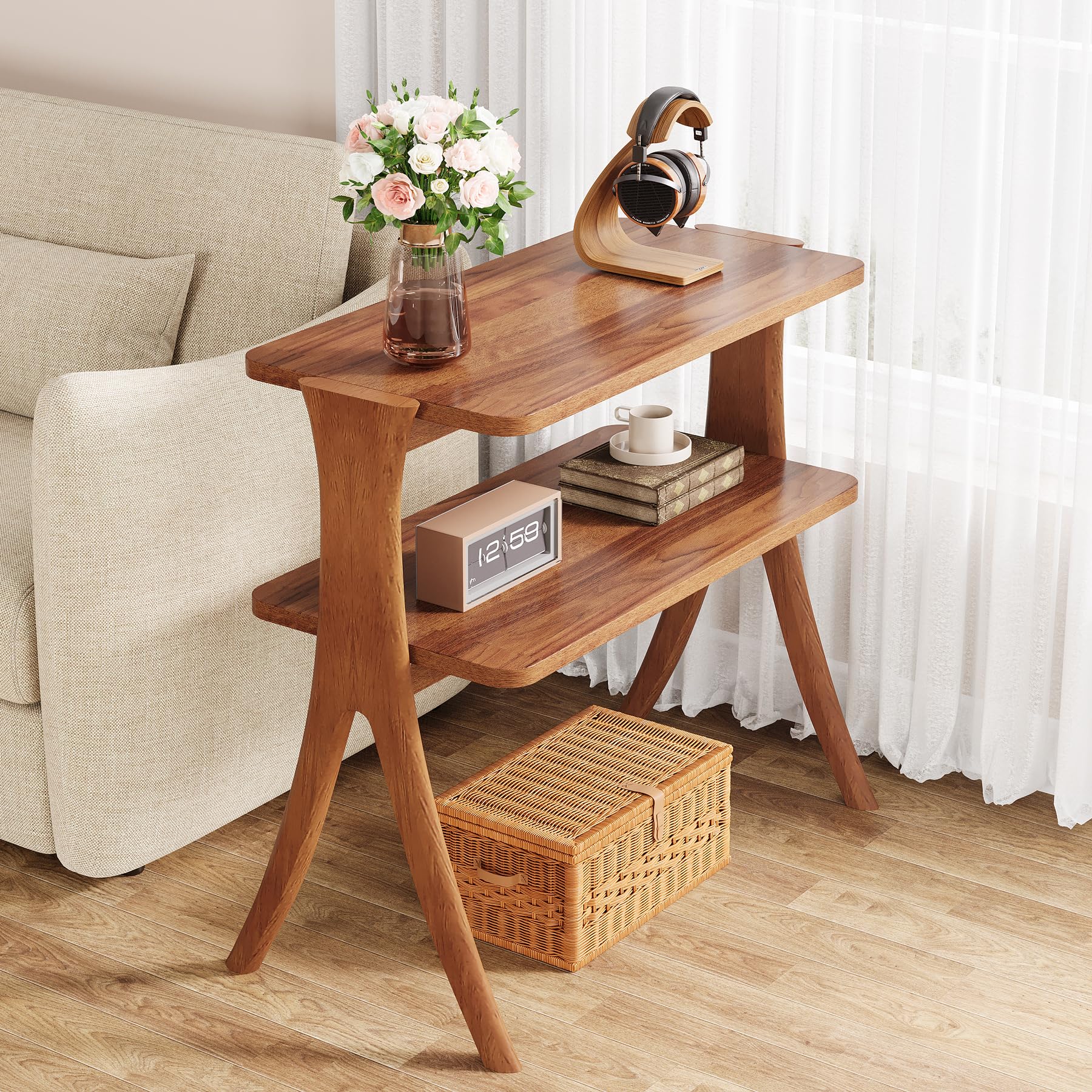 Tribesigns Narrow Side Table for Living Room, Farmhouse End Table with 2-Tier Storage Shelf and Solid Wood Legs, Slim Modern Bedside Table Nightstand for Bedroom, Small Spaces, Entryway, Walnut (2)