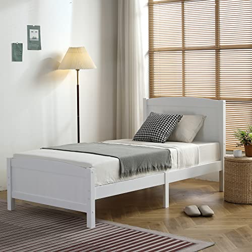 TOVRON Wood Bed Frame Twin Size with Curved Headborad and Footboard White Platform Bed with Wood Slat Single Panel Bed with Extra Support, No Box Spring Needed