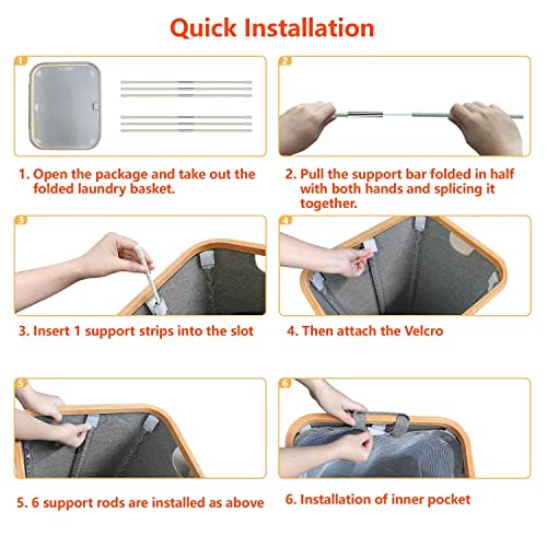 Upgraded Large Laundry Basket with Lid, 100L Tall Hamper Bamboo Handles [Support Reinforcement] Collapsible Dirty Clothes Front Pocket & Inner Bag for Bedroom, Bathroom, Gray, XL