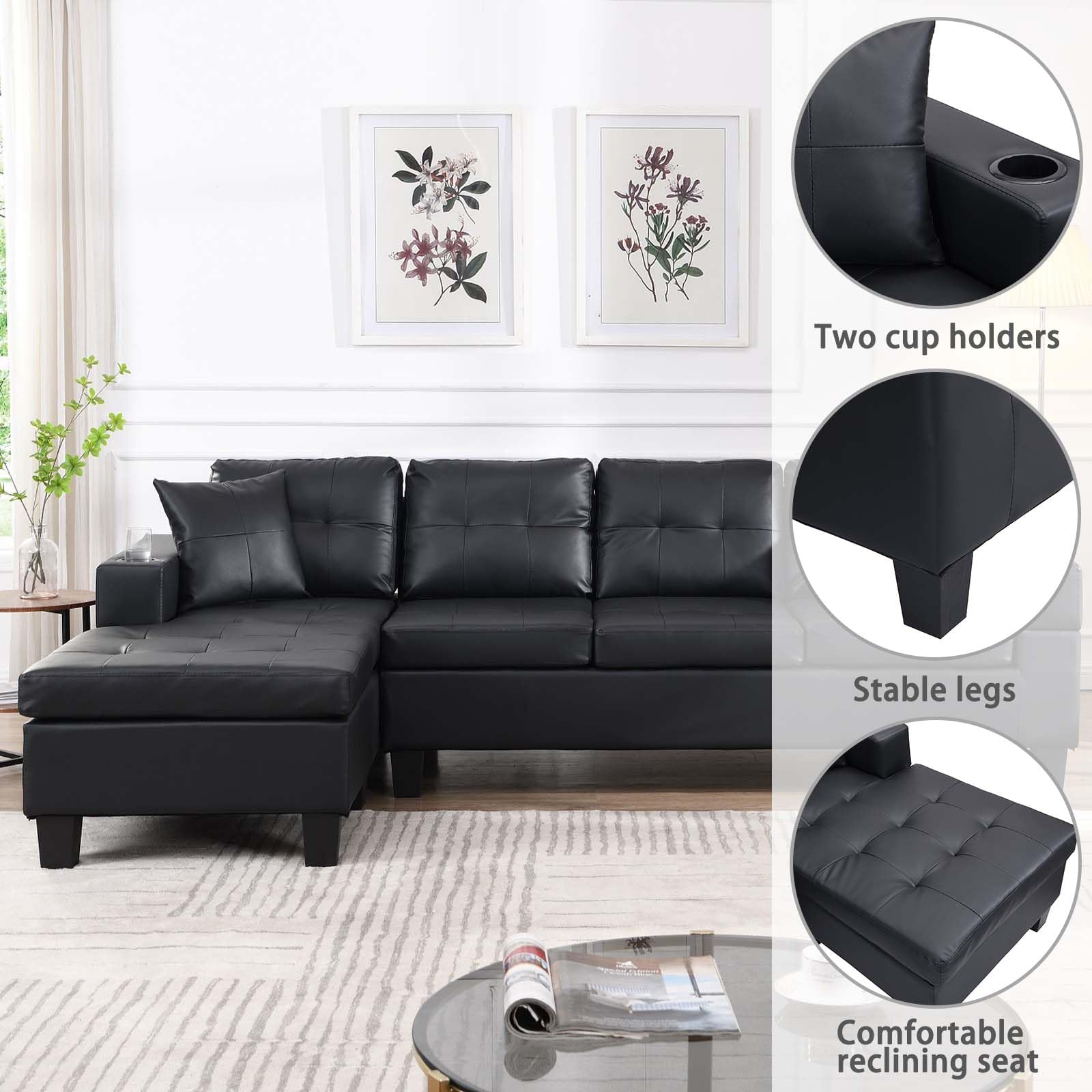 Sectional Sofa with Chaise,PU Sectional Sofa Set with Cup Holder,PU Fabric Sofa Set, Convertible Sectional Sofa,Reversible Sectional Couch for Living Room, L Shaped 4-seat Sectional Sofa Black