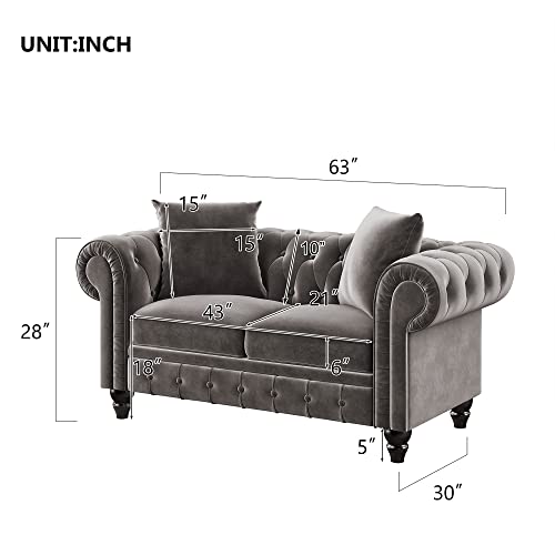 OYN 63" Chesterfield Sofa & Couch Deep Seat Button Tufted Velvet Loveseat Upholstered 2 Seater Sofa Classic Roll Arm, 2 Pillows Included, Grey