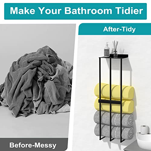 Towel Rack for Bathroom, New Upgrade 3 Bar Wall Towel Racks for Rolled Towels, Towel Storage with Metal Top Shelf, Wall Mounted Bathroom Organizer (Black)